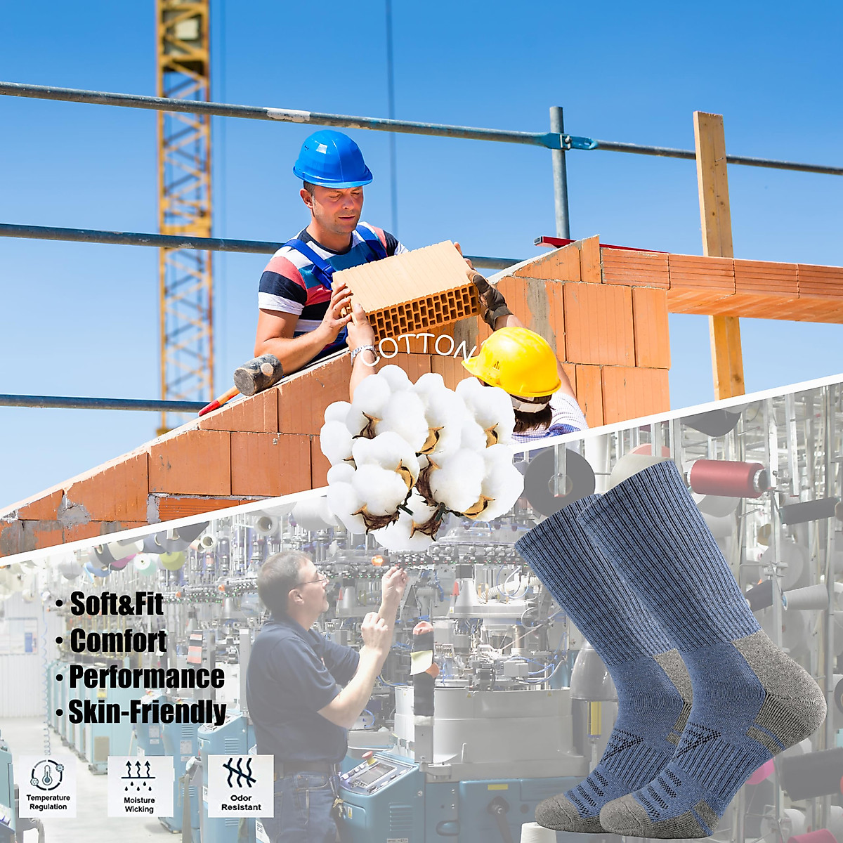 Ortis Men's Cotton Cushion Crew Socks Moisture Wicking Breathable Thick Warm Thermal for Athletic Heavy Duty Work Boot(Denim L)