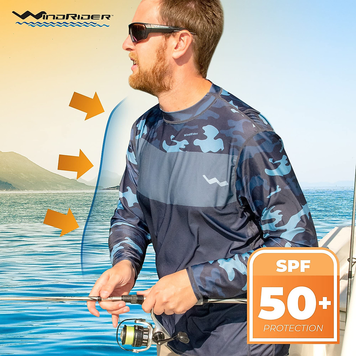UPF50+ Long Sleeve Fishing Shirts for Men - Vented Sides, Light Weight, Wicking Grey Camo