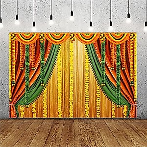 Lofaris India Pooja Photography Backdrop Puja Ganpati Pooja Traditional Mehndi Festival Background Diwali Decorations Wedding Party Marigold Garlands Photo Props 5x3ft