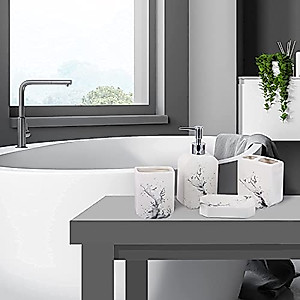 BASDHE Bathroom Accessories Set 5 Pcs - Lotion Soap Dispenser,Toothbrush Holder,Rinsing Cup, Soap Dish,Rectangular Trash Can Storage Bin, House Decor (Grey)