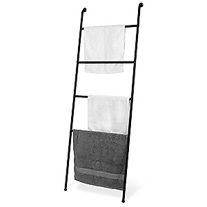 MyGift 4 Rung Black Metal Leaning Blanket Ladder Stand with Secure Wall Mount Holder, Farmhouse Bathroom Towel Ladder Rack