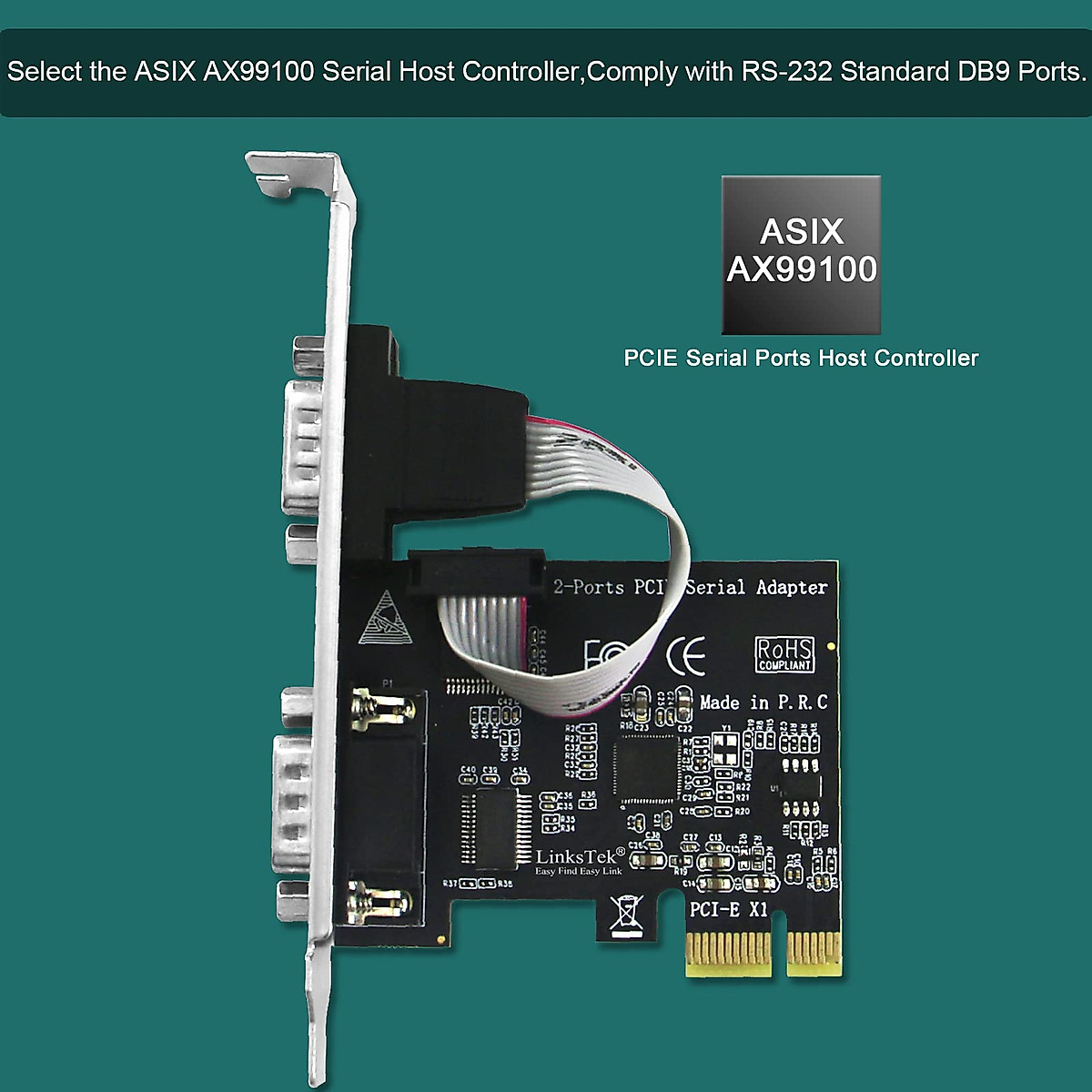LinksTek 2-Port PCI Express RS-232 DB9 Serial Port Card for Windows XP, Vista,7, 8.x, 10, 11 32/64bit and Linux PCs, PCIE RS232 Card, PCIE Serial DB9 Port Card (PCIE-SE2)