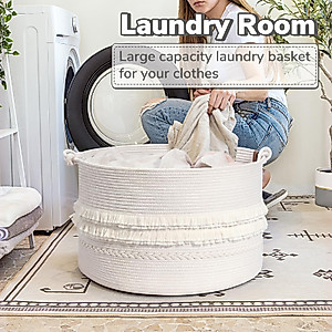 CherryNow Large White Woven Storage Basket, Boho Decorative Basket for Home Decor, Towel basket for Bathroom, Bedroom, Living room, Baby Nursery Basket for Clothes, Toys, Blankets, 22 x 14 inches