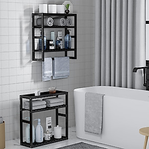 PPN Towel Rack Bathroom Storage Shelves Over The Toilet with Towel Bar 100% Bamboo Adjustable Height Floating Shelf Wall Shower Shelf for Bathroom Kitchen Living Room Multi Usage (Black-1Pack)