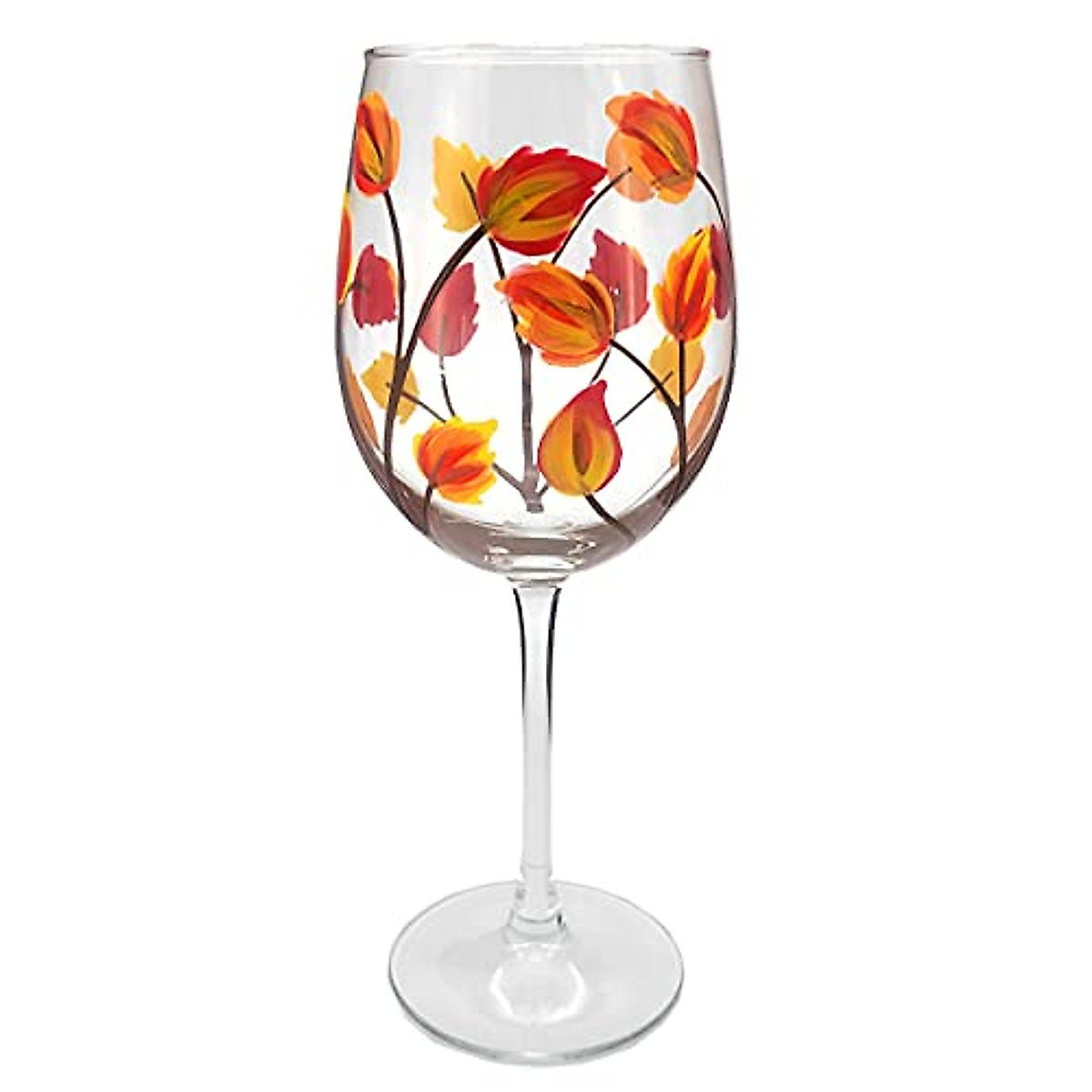 Autumn Leaves Wine Glass - Fall Colors - Leaf, Red, Yellow, Orange - Hand Painted - Thanksgiving Wine Glass