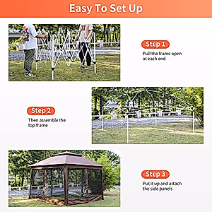 10'x10' Pop Up Gazebo Outdoor Canopy Gazebo Patio Canopy Gazebo with Mosquito Netting Double Roof Tops for Outdoor Garden Backyard and Patio,Brown