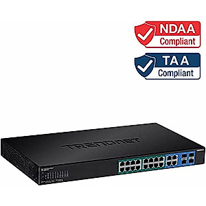 TRENDnet 20-Port Gigabit Web Smart 370W PoE+ Switch, TPE-1620WSF, 16 Gigabit PoE+ Ports, 4 Shared Gigabit Ports(RJ-45 or SFP), 370W PoE Budget,Managed PoE+ Ethernet Network Switch, Lifetime Protection