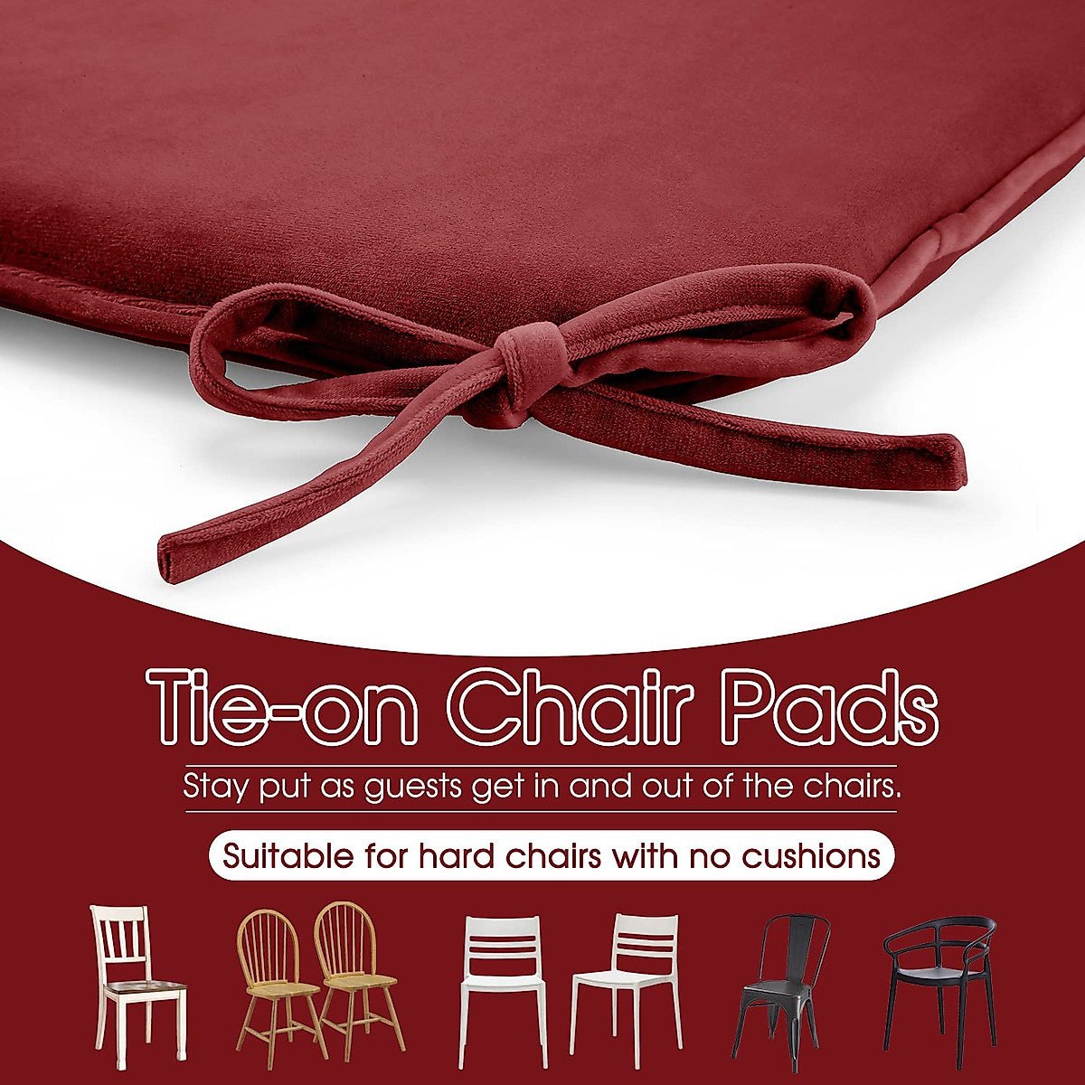 Basic Beyond Kitchen Chair Cushions Set of 4, U Shaped Memory Foam Chair Cushion with Ties, 17 x 16 inches Soft Plush Velvet Chair Pads for Dining Chairs(Red)