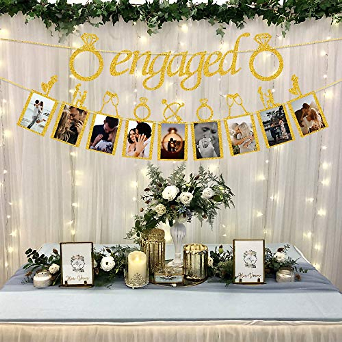 Engagement Wedding Decorations, Gold Engaged Banner and Photo Banner with Romantic Memories Picture Card Frames for Engaged / Wedding / Anniversary / Valentines Day Party