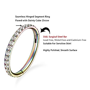 FUNLMO Septum Jewelry Nose Rings Hoop Cartilage Earring Hoop Daith Helix Rook Earrings Septum Helix Tragus Daith Piercing Jewelry Septum Nose Rings CZ 316L Surgical Steel 16G 8mm Rainbow