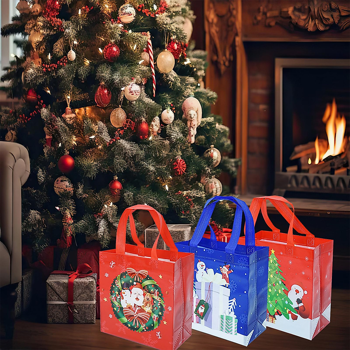 Christmas Gift Bags Tote-Bag with Handles - 12 Pack Reusable Non-Woven Xmas Party Supplies Presents Holiday Santa Claus Merry Christmas Pattern for New Year's Shopping L8.6"xH9"xW4.3"(L22xH23xW11cm)