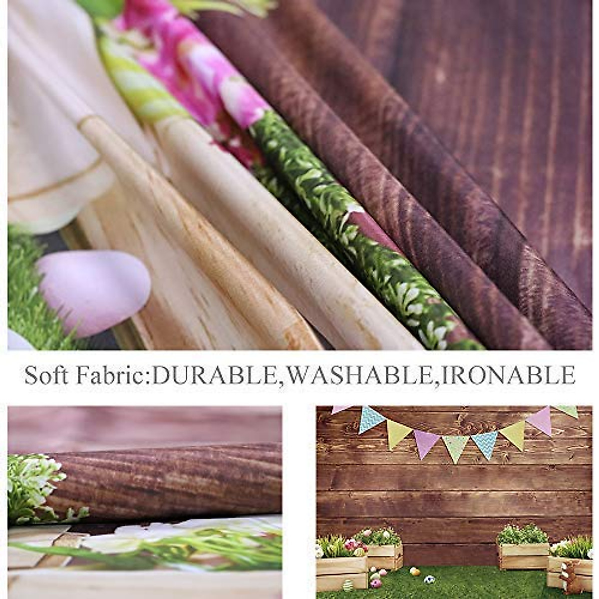 Allenjoy 7x5ft Fabric Spring Easter Backdrops for Girls Photography Wrinkle Free Happy Bunny Rabbit Green Grass Brown Wooden Wall Baby Shower Kid Newborn Portrait Background Photo Studio Shooting