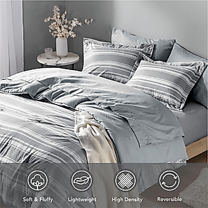 Queen Size Bed in a Bag, Full Bedding Sets, Modern Farmhouse Grey and White Striped Comforter with Sheets, 7-Piece Complete Bedroom Set