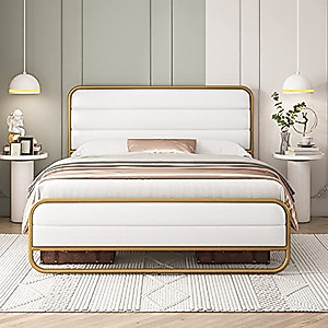 HITHOS Full Size Platform Bed Frame with Headboard and Footboard, PU Leather Upholstered Bed Frame with 10" Under-Bed Storage and Wooden Slats, Easy Assembly, No Box Spring Needed (White, Full)