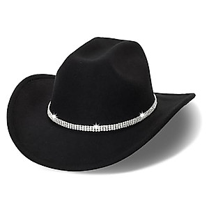 Women-Rhinestone-Western-Cowboy-Hats - Vintage-Wide-Brim-Cowgirls-Hat Bling-Diamond-Hat for Disco Music Party M/L Black