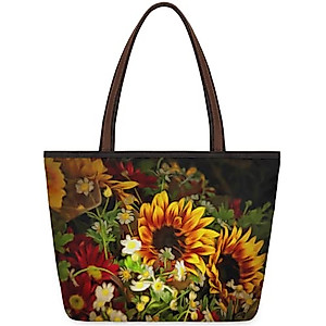 Sunflower Floral Large Totes Top Handle Purse Women Shoulder Bag, Summer Flower Tote Bag with Zipper Handbag for Travel School Girls
