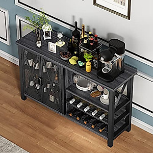 OIOG Wine Cabinet with Removable Wine Rack and Glass Holder, Wine Bar Cabinet for Liquor, Home Bar Coffee Cabinet Sideboards with Metal Mesh Doors for Living Room(Gray)