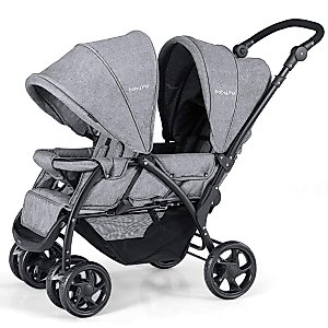 BABY JOY Double Stroller, Foldable Lightweight Twin Stroller with Tandem Seating, Adjustable Backrest/Canopy/Footrest, 5-Point Harness, Storage Basket, Double Stroller Newborn and Toddler (Gray)