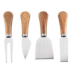 4 Piece Set Cheese Knife - Stainless Steel Cheese Cutter Board and Slicer, Fork Shaver and Spreader with Wood Handle, Sharp Butter Knife and Spatula for Cake Cutlery