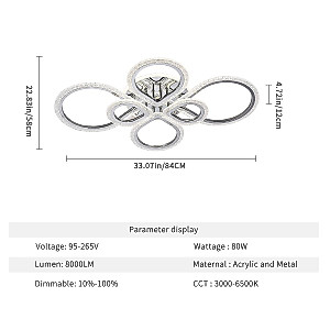 Modern Ceiling Light Fixture LED Chandelier Remote Control Dimmable 3000K-6500K Metal Polished Acrylic Flush Mount Lamp Suitable Living Room Bedroom Dining Room Kitchen (Polished Chrome, 6 Rings)