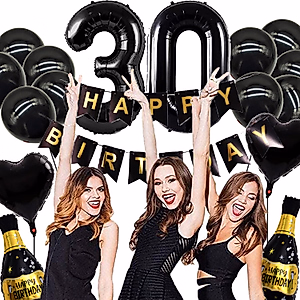 30th Birthday Decorations for Women & Men, All-Black 30th Birthday Decor, Party Decorations Large Number 30 Balloons