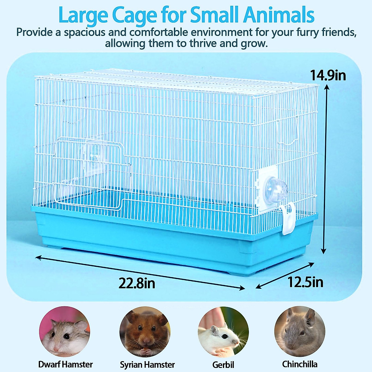 kathson Hamster Cages and Habitats Large Gerbil Cage with Accessories Hut Exercise Wheel Water Bottle Bowl Bathtub Small Animal Basic Cage for Syrian Hamster，3- Levels，22" L x 12.5" W x 14" H，Blue