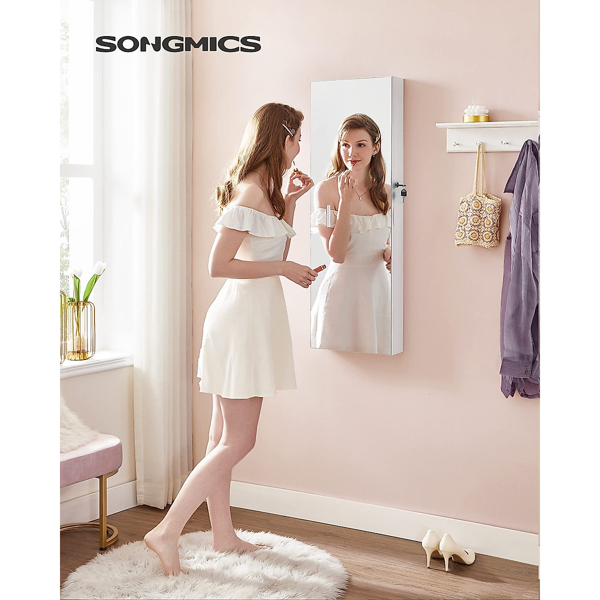 SONGMICS Jewelry Cabinet Armoire, Lockable Wall-Mounted Organizer Unit with 2 Plastic Cosmetic Storage Trays, Full-Length Frameless Mirror, White UJJC001W01