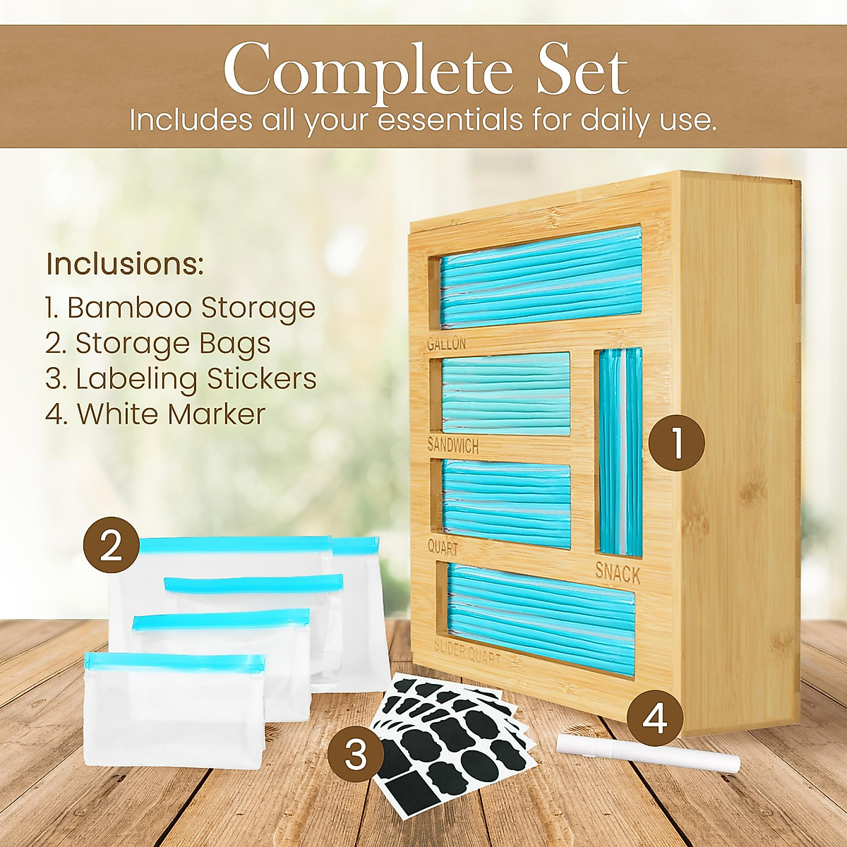 Bamboo Bag Storage Organizer + Bonus: 5 Reusable Bags and Labeling Stickers - Food Kitchen Pantry Holder for Bags, Baggies, and Storage Drawers