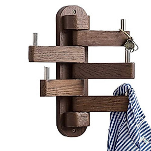 Coat Hooks for Wall, Walnut Wood Wall Hooks with 5 Swivel Foldable Arms, 12'' Length Wall Coat Rack Hat Hooks for Bathroom Entryway Bedroom Office Kitchen, Heavy Duty
