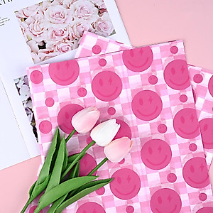 100 Sheets 20 * 14 Preppy Tissue Paper Hot Pink Smile Face Pink White Plaid Y2k Gift Wrap Tissue Paper for Gift Bags for Wedding Birthday Preppy Theme Party Decor