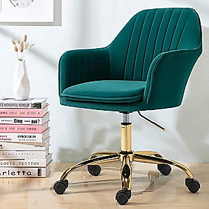HOMHUM Desk Chairs with Wheels, Home Office Chair Mid-Back Velvet Office Chair Adjustable Cute Chair with Side Arms and Gold Metal Base for Living Room, Bedroom, Home Office, and Vanity Room (Green)
