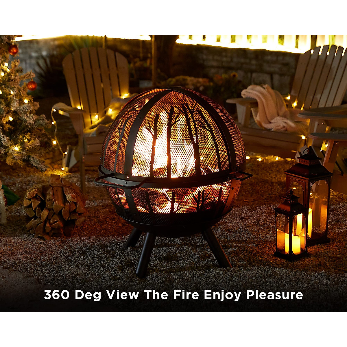 PaPaJet 35 inch Flaming Ball Fire Pit for Outside, Bonfire Wood Burning Fire Pit with Spark Screen, Tree Pattern for Patio Backyard Garden