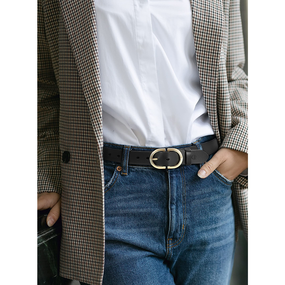 CR Womens Black Leather Belts for Jeans Pants - 1.3" Width Casual Ladies Belt - Fashion Center Bar Gold Buckle