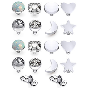 Hoeudjo 18PCS 14g Dermal Anchor Tops and Base Skin Titanium Microdermals Surface Piercing Jewelry for Women Men, Opal/CZ/Ball/Heart/Moon/Star/Flat Top + Bases 4mm