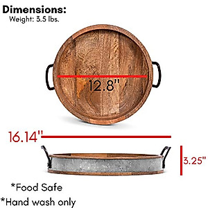 BIRDROCK HOME Wooden Serving Tray with Handles - Iron Accents - Round Barrel Top Breakfast Trays - Tea Cheese Board - Coffee Table Décor - Natural Wood with Iron - Kitchen - Bar - Large