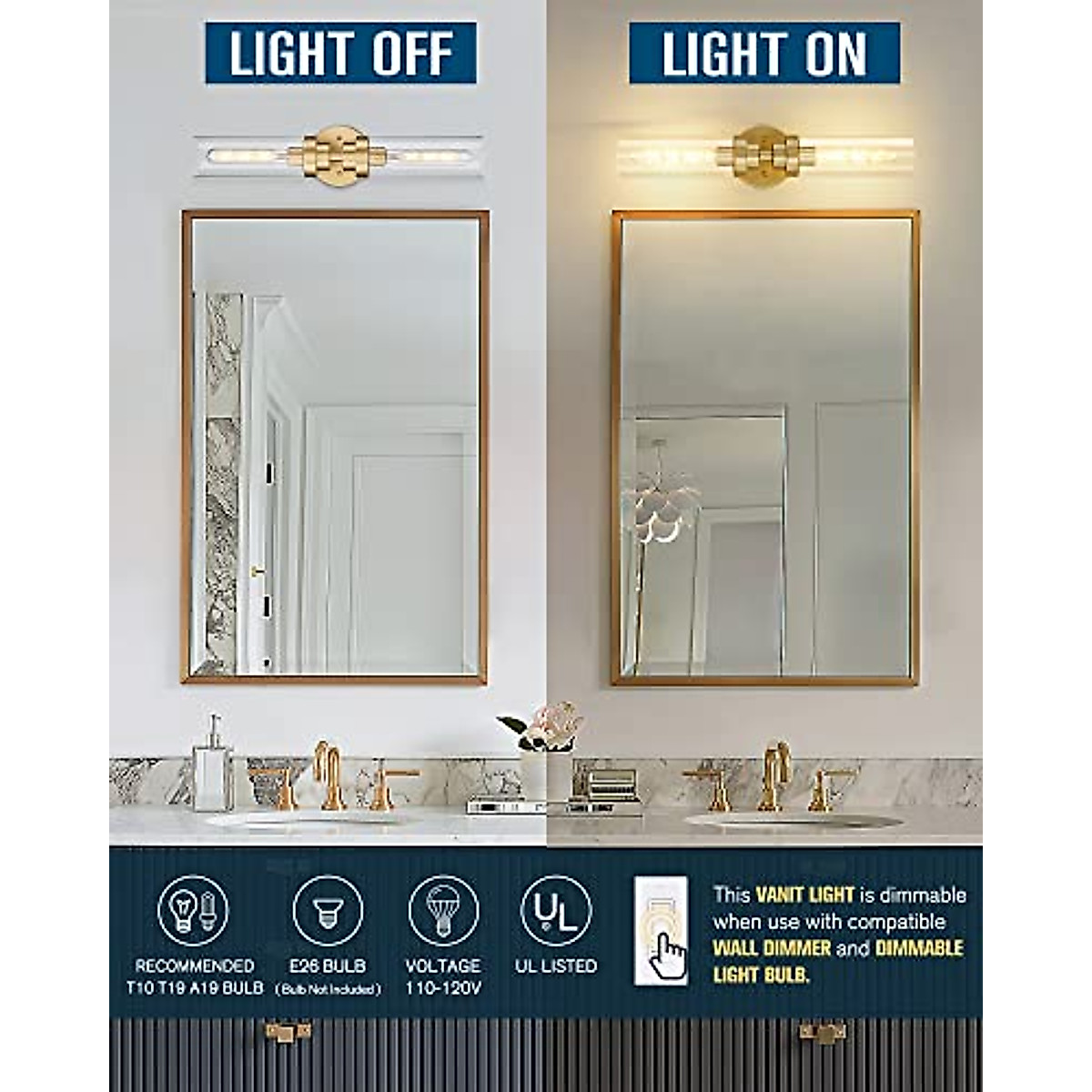 Emak Modern 22 Inch Gold Bathroom Light Fixtures Over Mirror, Cylinder Bathroom Vanity Lights for Mirror, 2-Light Wall Sconces with Clear Glass for Bathroom, Bedroom, Hallway, VL085-GD-2
