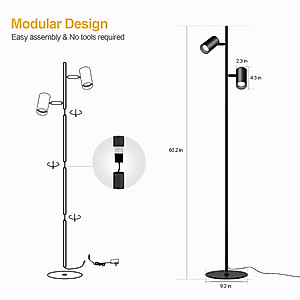 Industrial Floor Lamp for Living Room, Modern Reading Standing Lamps with Eye Care 2-Heads 4 Brightness 3000K Soft Light LED Tree Floor Lamp, CRI95 Tall Pole Natural Light Living Room Office Decor