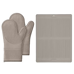 Gorilla Grip Silicone Oven Mitts Set and Silicone Dish Drying Mat, Both in Almond Color, Oven Mitts are Heat Resistant, Drying Mat is Size 16x12, 2 Item Bundle