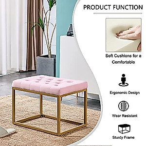 AWQM Vanity Stool,Pink Velvet Ottoman Bench,Vanity Bench with Gold Legs,Upholstered Rectangle Velvet Foot Stool Chair,Comfy Vanity Chair, End of Bed Bedroom,Makeup Chair for Living Room Entryway