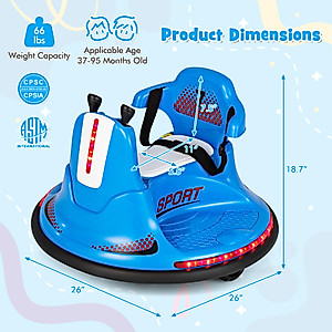Costzon 12V Kids Ride On Bumper Car, Electric Bumper Car w/Dual Joysticks, Remote Control, 360° Spin, Slow Start Function, LED Lights & Fun Music, Adjustable Safety Belt, Soft Bumper (Blue)