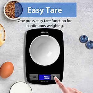 MEGATEK 22lb Digital Food Kitchen Scale Weight in Grams and Ounces for Baking and Cooking, 0.05 oz/1g Accuracy, Large Backlit LCD Display and Weighing Platform, Tempered Glass - Black