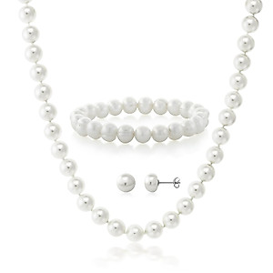 Gem Stone King 925 Sterling Silver Cultured Freshwater White Pearl Jewelry Set - Necklace, Earrings and Bracelet - Perfect Bridal Gift