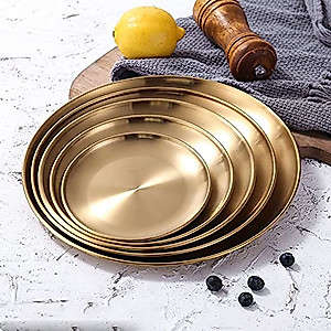 Retro Metal Round Gold Tray, Western Steak Round Serving Dishes, Stainless Steel Dining Plate, European Style Serving Cake Tray Kitchen Tool(23cm)