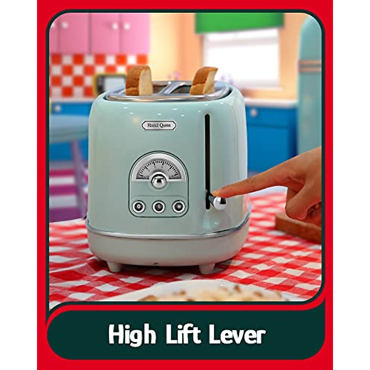 Hazel Quinn 2 Slice Retro Toaster, 6 Browning Levels, 3 Functions-Defrost/Reheat/Cancel, Removable Crumb Tray for Easy to Clean, 1.5 Inches Extra Wide Slots, Vintage Style, Mint Green