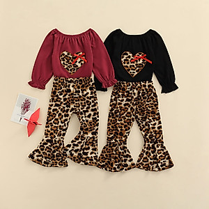 Suolongsama Valentine's Day Toddler Kids Baby Girl Clothes Love Heart Print Ruffle Long Sleeve Shirt Tops Leopard Flare Pants 1-5Y (Purplish Red, 2-3T)