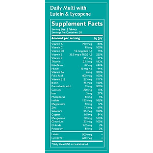 DAIKEN Lutein Multivitamin with Lycopene, Time Released Multivitamin for Women & Men, 27 Full Spectrum Vegan Multivitamin, Mini & Easy to Swallow, 60 Tablets (Pack of 2)