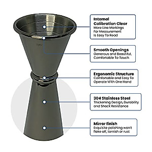 COCKTAIL JIGGER - DOUBLE JIGGER 2 OZ 1 OZ FOR BARTENDING - Food Grade Stainless Steel with Clear Visible Internal Measurements - Ergonomic Design for Effortless Bar Liquor Pouring - Gunmetal Black