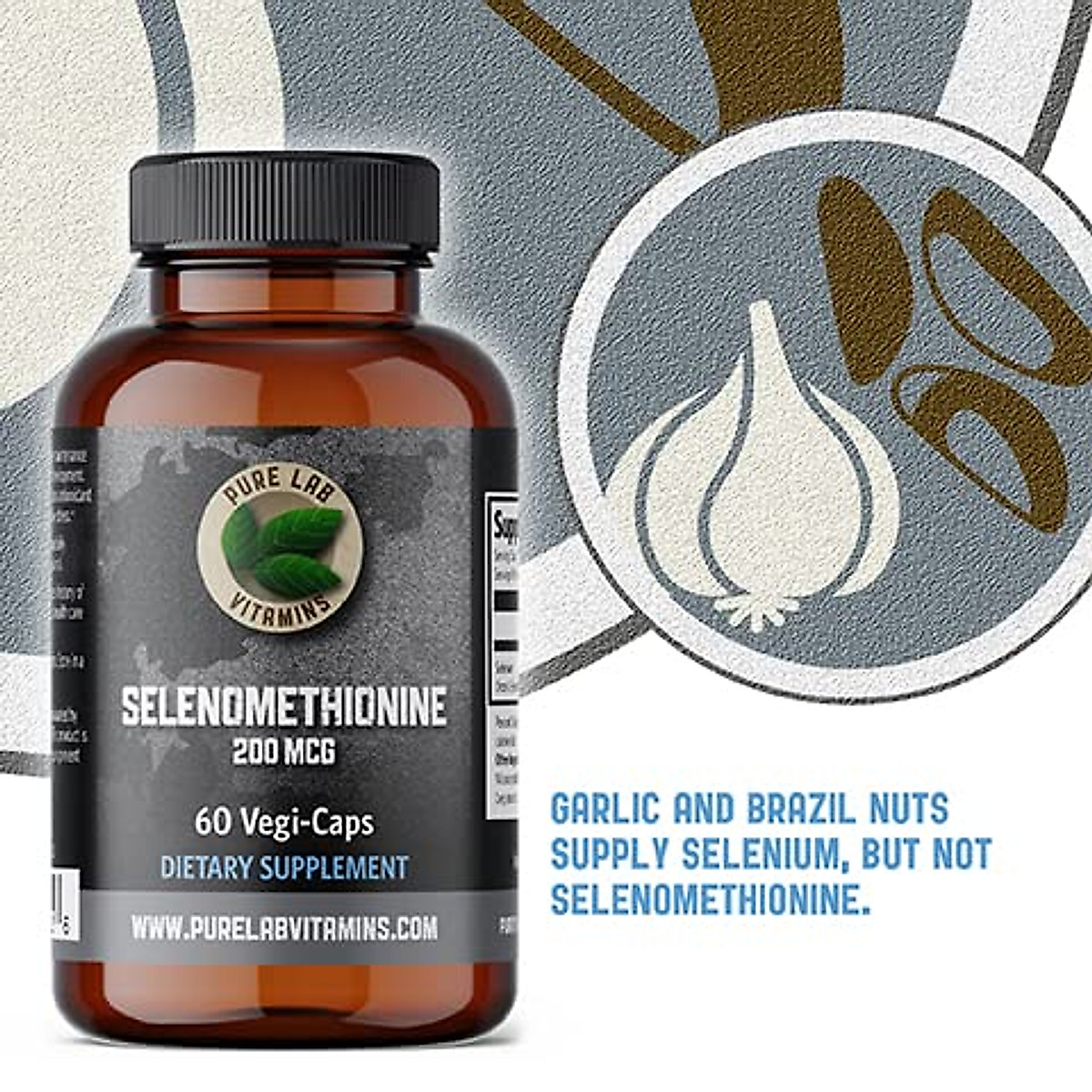 Selenium 200mcg Supplement - Selenomethionine - 60 v-caps by Pure Lab Vitamins - Gluten Free Made in Canada.