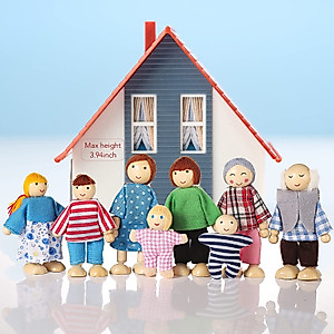 Jzszera Wooden Doll House People of 8 Figures, Dolls Family Set for Girls Toddler Kids Dollhouse Accessories Toy