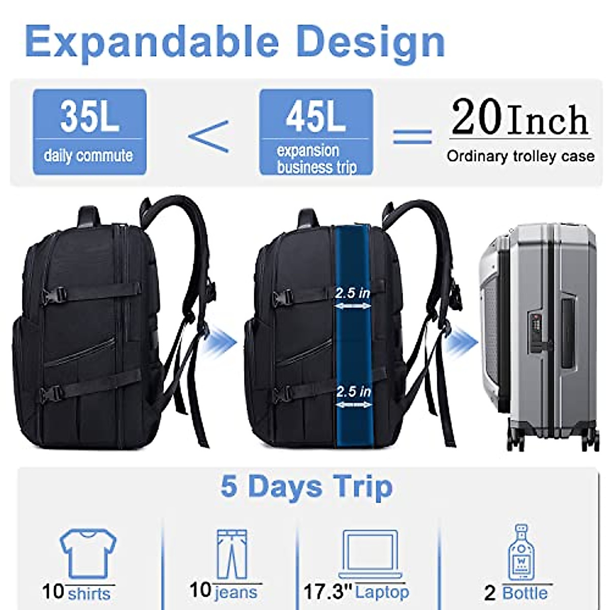 Otevan Travel Backpack for Men Women,45L Carry On Backpack Flight Approved,Large Laptop Backpack,Expandable Luggage Backpack Water Resistant Bookbag Weekender Overnight Bag Daypack Fit 17 Inch